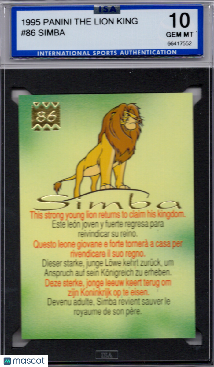 1995 Panini The Lion King Simba #86 ISA 10 GEM MINT – Collectaway