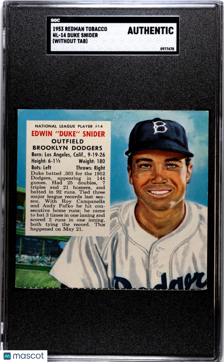 1953 Redman Tobacco Duke Snider #NL-14 (Without Tab) SGC A Brooklyn Do ...